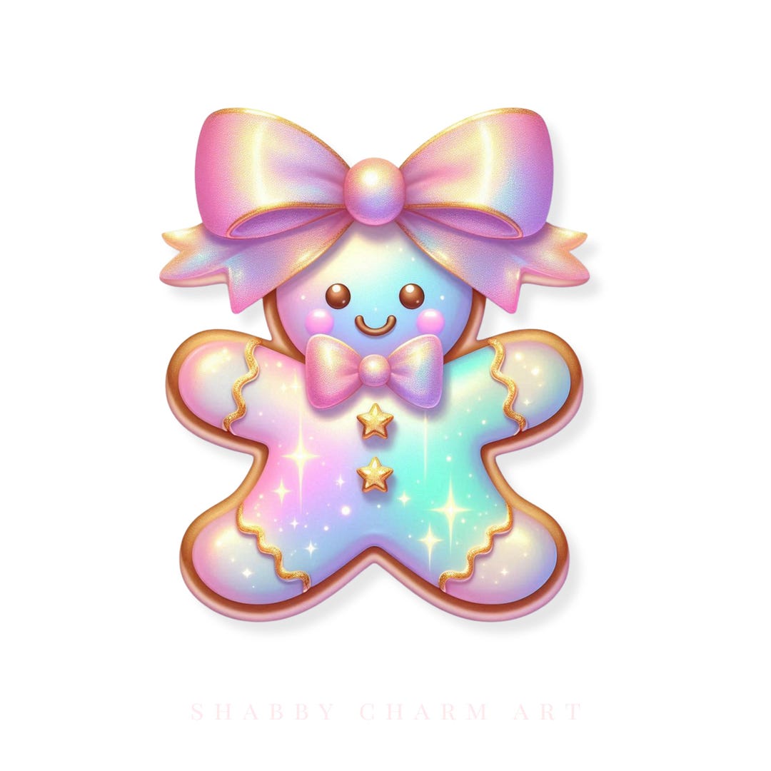 Pastel Iridescent Gingerbread Girl PNG Pink Aqua Gold Bow Clipart ...