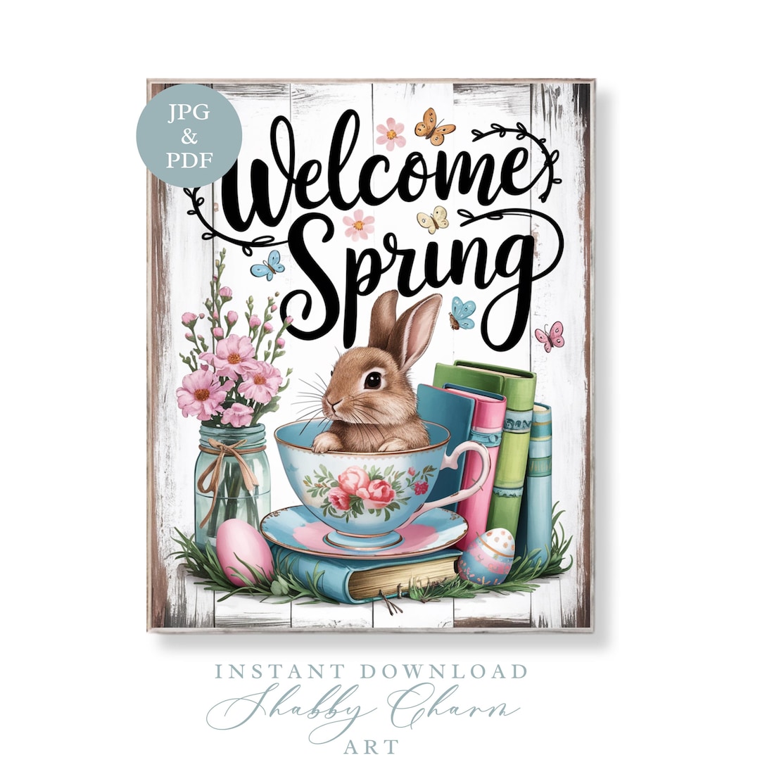 Welcome Spring Bunny Teacup Sign, Vintage Easter Rabbit Wall Art ...