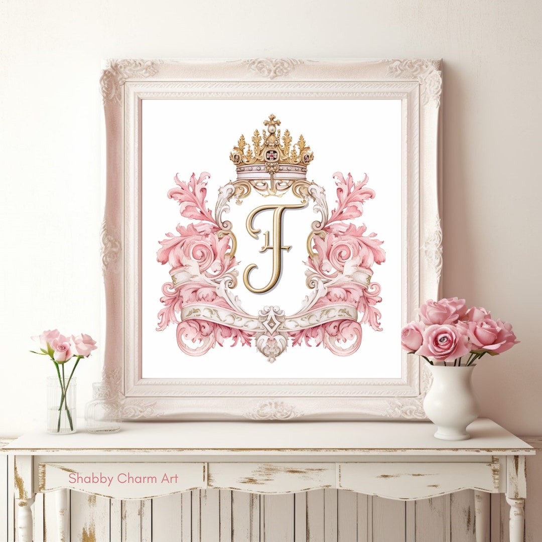 Letter F Monogram Wall Art Pink and Gold Crown Image Initial Picture ...