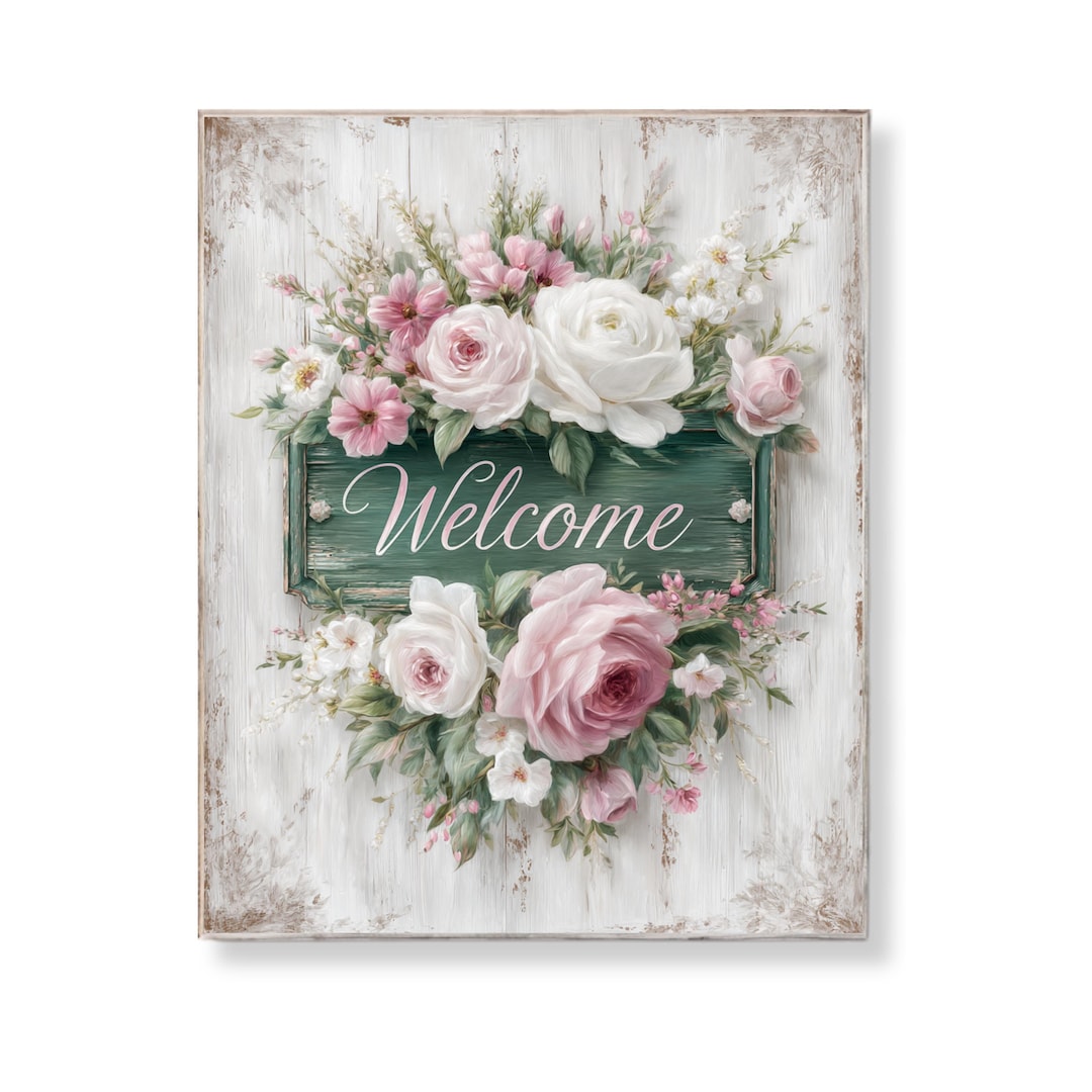 Shabby Chic Welcome Sign Wall Art Pink White Rose Floral Print Vintage ...