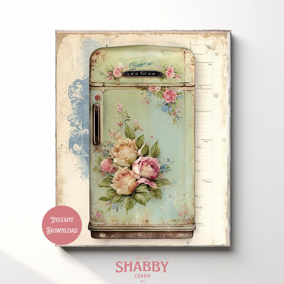 Vintage Refrigerator Watercolor Print, Shabby Chic Wall Art, Instant ...