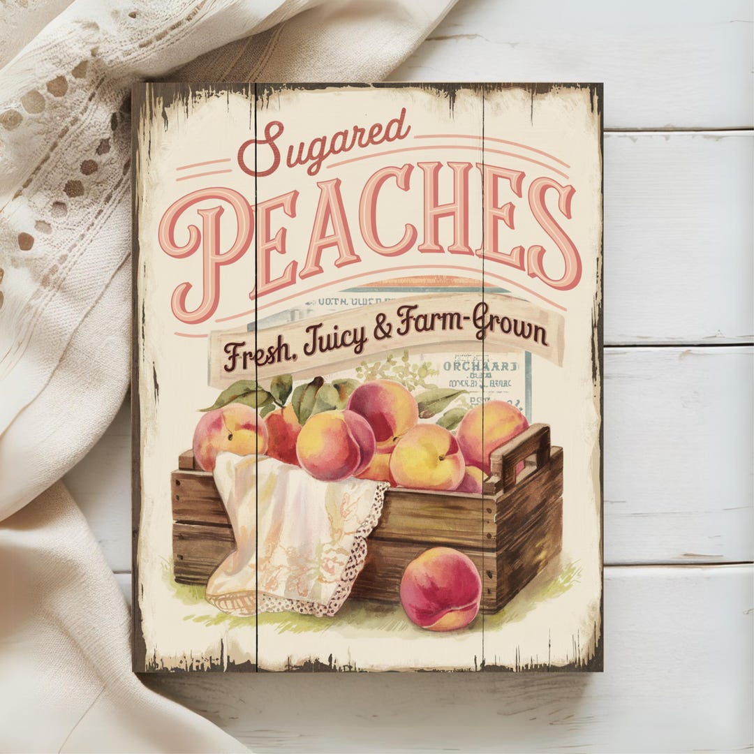 Sugared Peaches Sign Vintage Farmhouse Wall Art Shabby Chic Orchard ...
