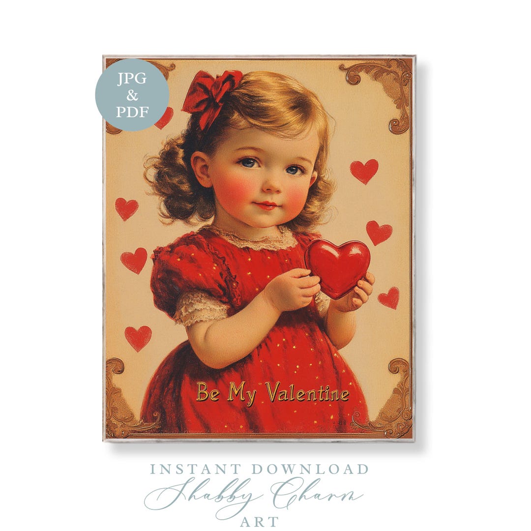 Primitive Victorian Valentine Art Vintage Girl With Heart for Wall ...