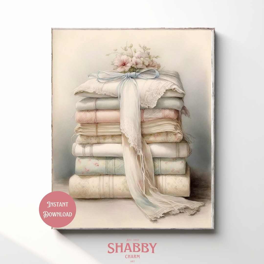 Vintage Linen Stack Watercolor Print, Shabby Chic Wall Art, Instant ...