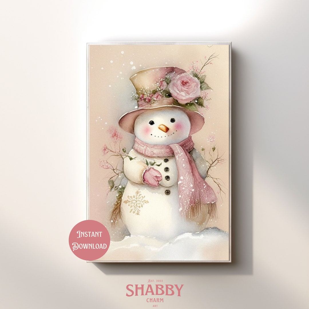 Pink Snowman Instant Digital Download Printable Wall Art Shabby Pink ...