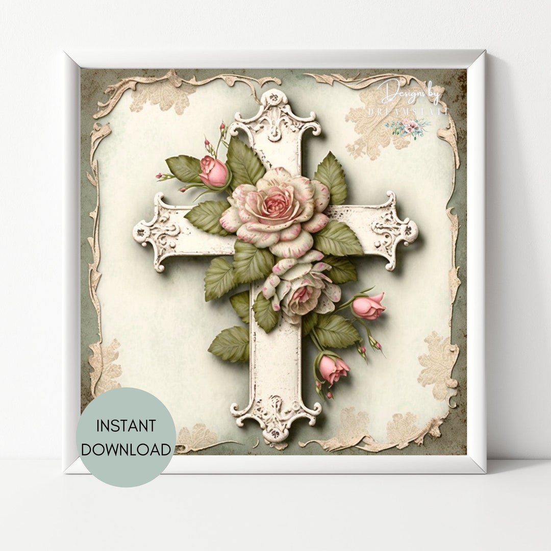 White Ornate Cross With Roses Instant Digital Download - Etsy