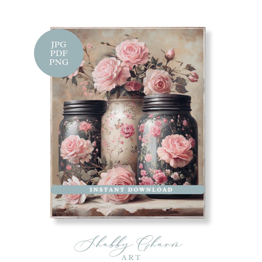 Vintage Floral Mason Jar Wall Art Shabby Chic Rose Printable Rustic ...