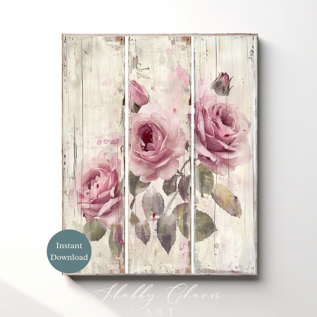 Shabby Chic White Wood Sign Wall Art Vintage Roses Cottage Style Floral ...