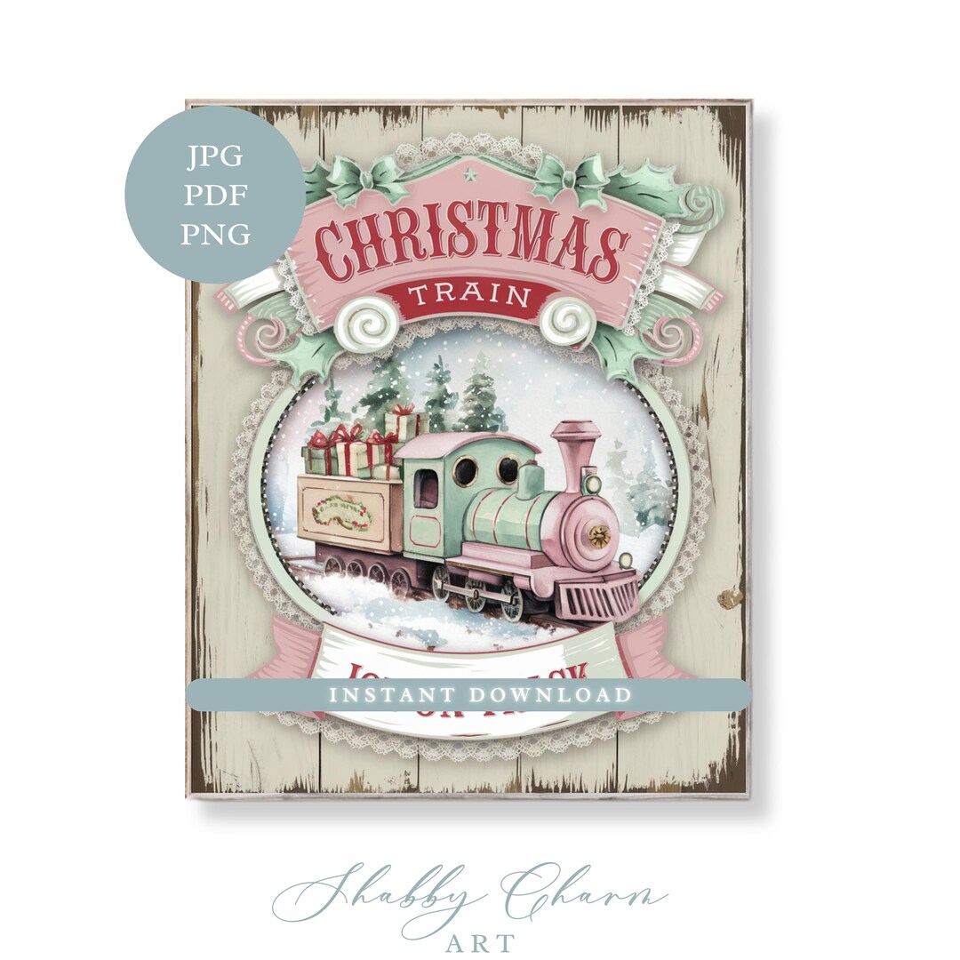 Vintage Christmas Train Sign Shabby Chic Holiday Wall Art, Pastel ...