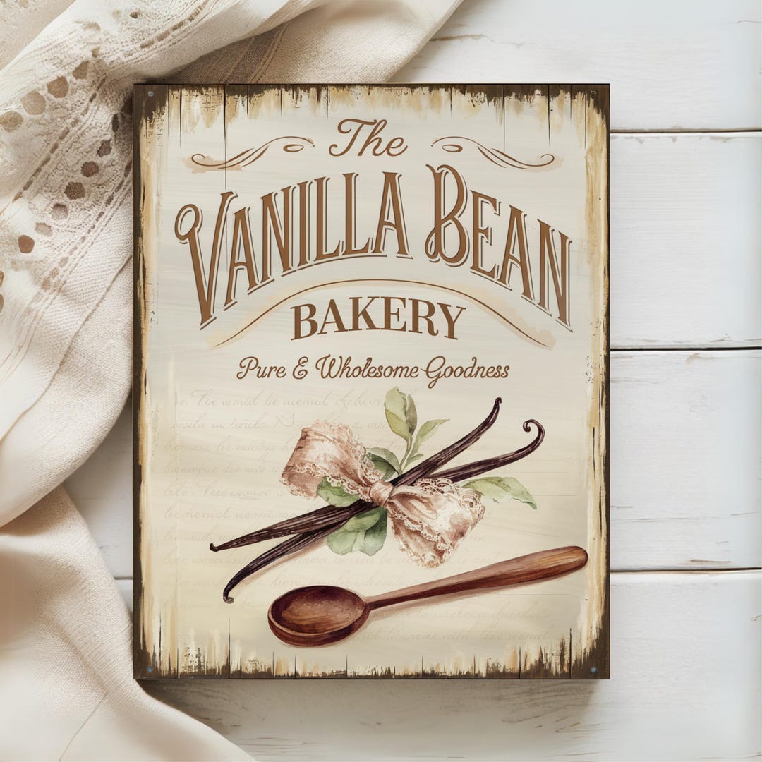 Vanilla Bean Bakery Sign Vintage Kitchen Wall Art Shabby Chic Baking ...