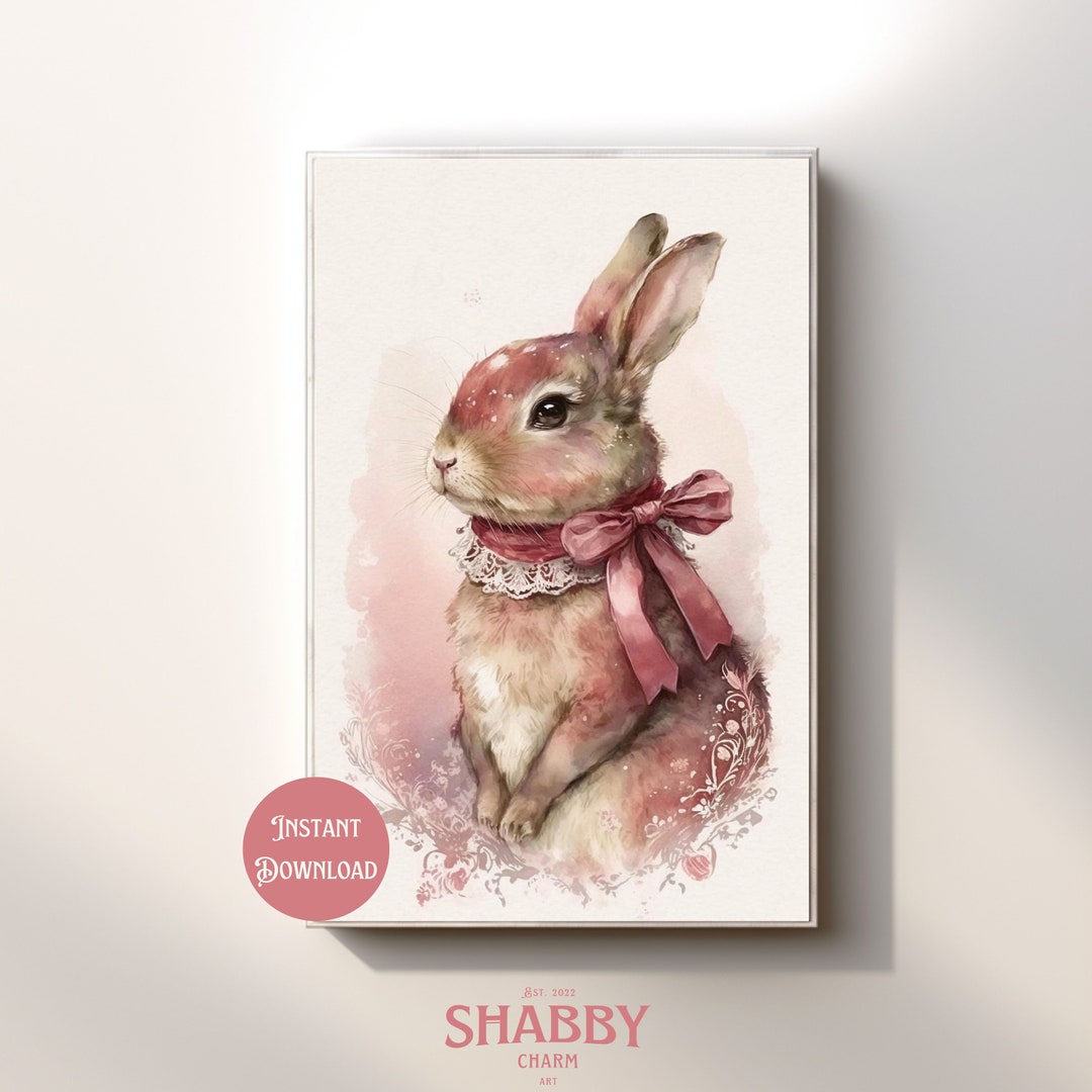 Shabby Chic Pink Vintage Style Christmas Pink Rabbit Wall Art Instant ...