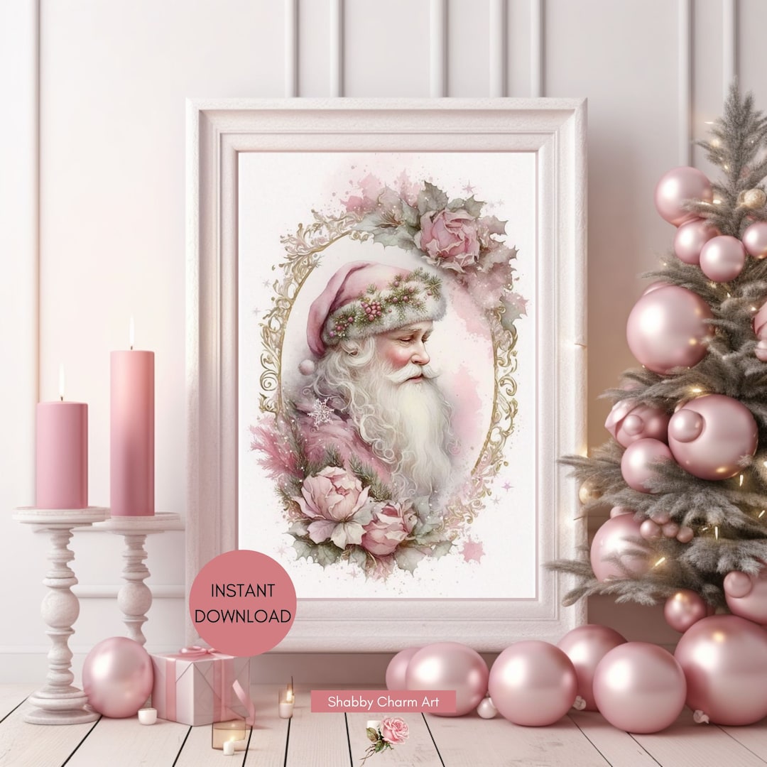 Santa Wall Art Print Pink Christmas Decor Shabby Pink Christmas ...