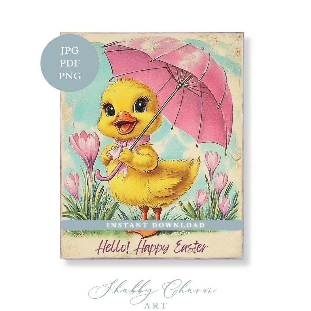 Vintage Easter Duck With Umbrella Art, Shabby Chic Spring Decor, Retro ...