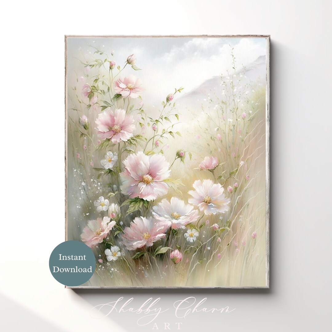 Shabby Chic Wildflower Roses Pink Wall Art Vintage Cottage Style Floral ...
