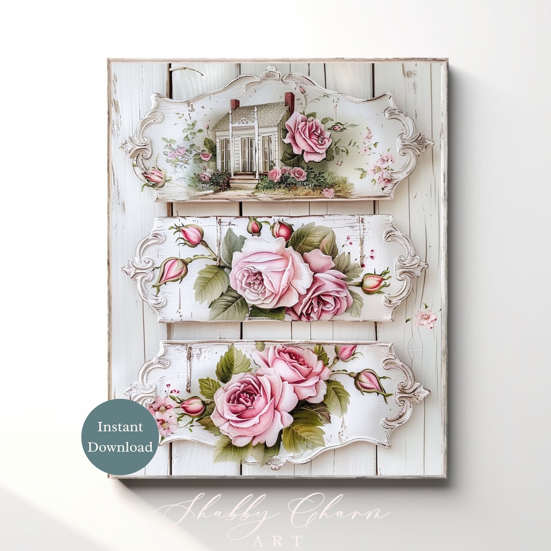 Shabby Chic White Wood Sign Wall Art Vintage Roses Cottage Style Floral ...