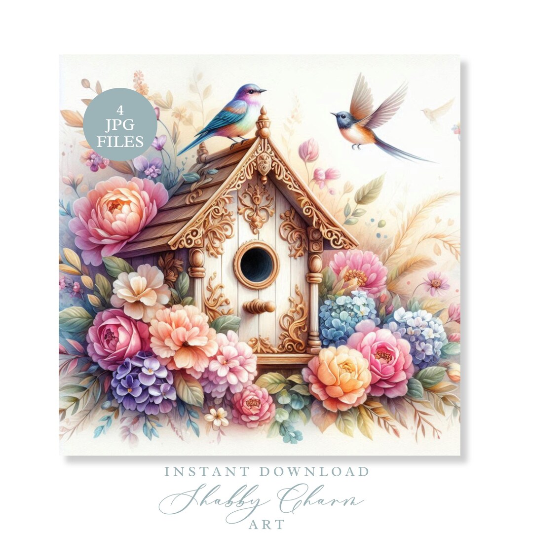 Shabby Chic Birdhouse Clipart Bundle Vintage Floral Watercolor Jpgs ...