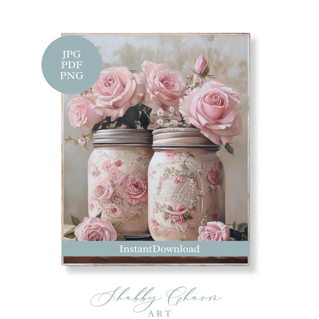 Vintage Floral Mason Jar Wall Art Shabby Chic Rose Printable Rustic ...