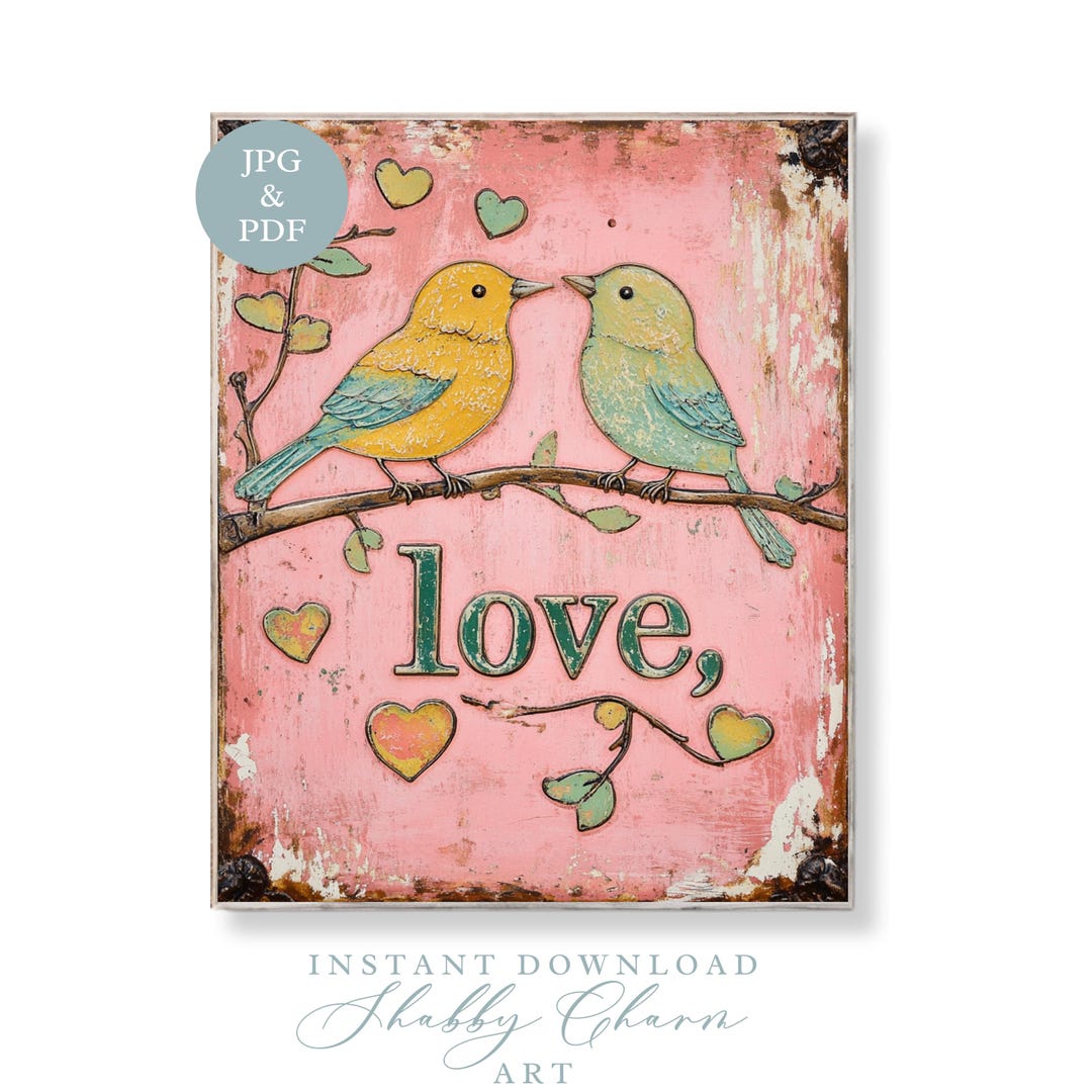Vintage Love Sign With Birds and Hearts Shabby Chic Valentines Day Wall ...