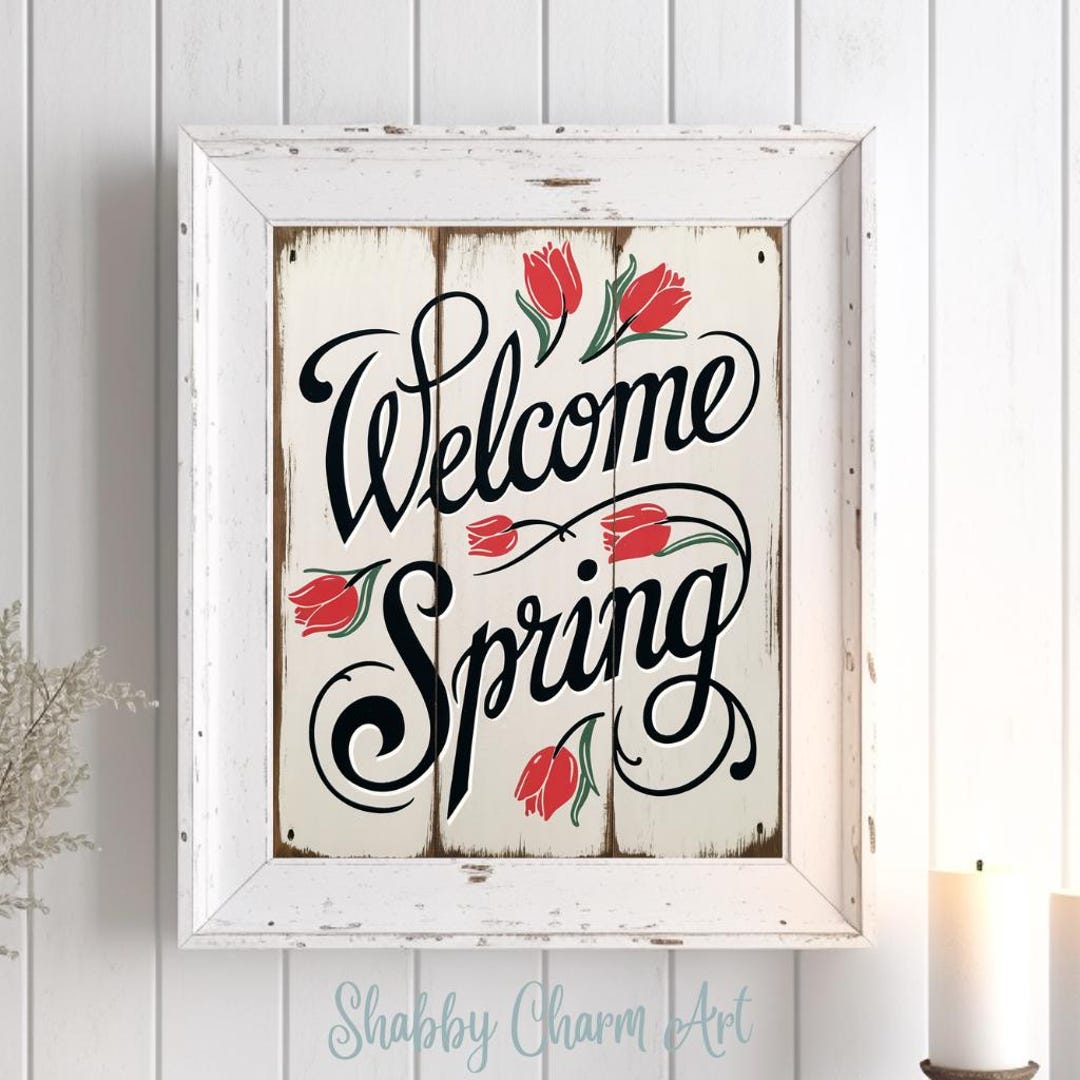 Welcome Spring Vintage Tulip Wall Art Rustic Farmhouse Shabby Chic ...