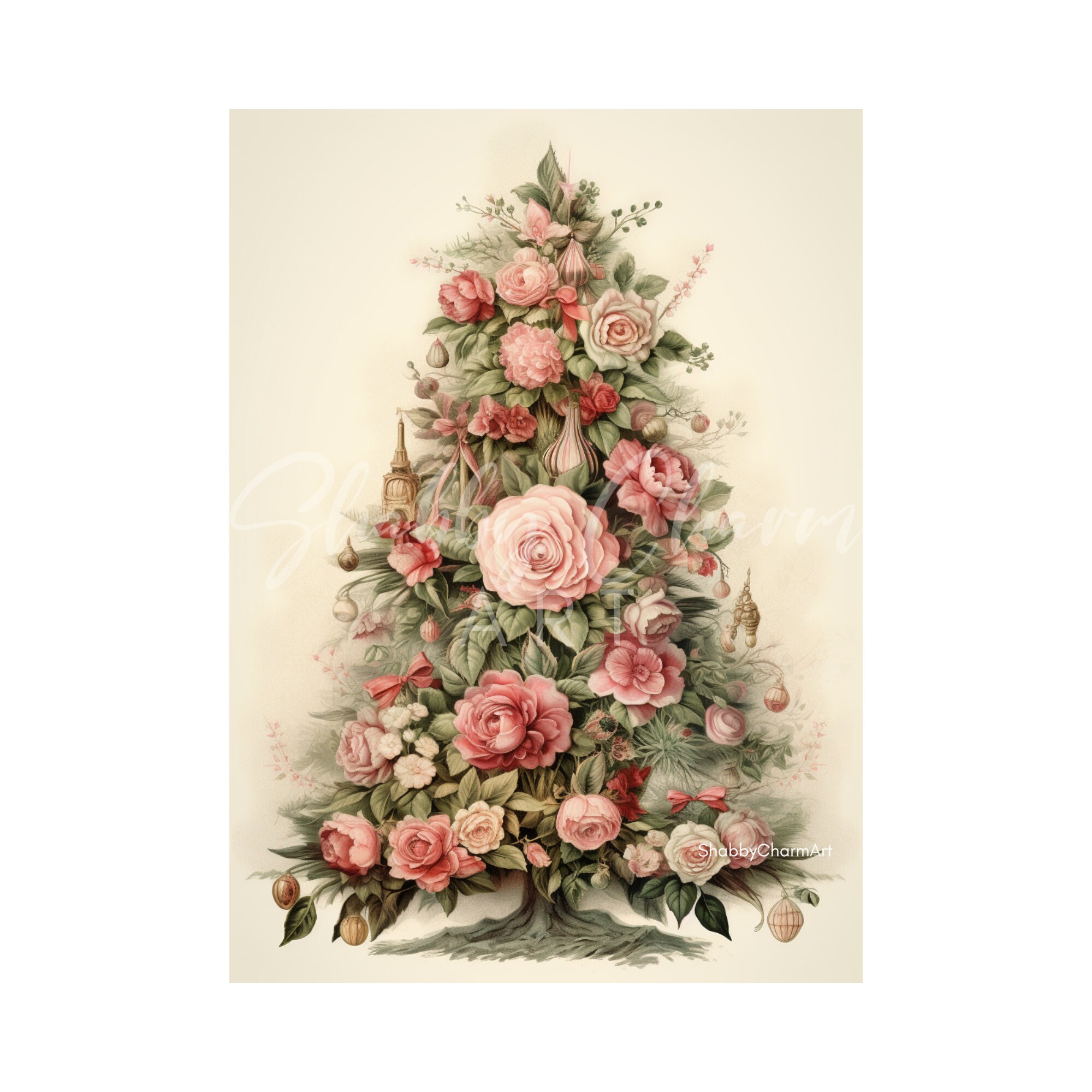 Shabby Chic Pink Rose Christmas Tree Wall Art Instant - Etsy