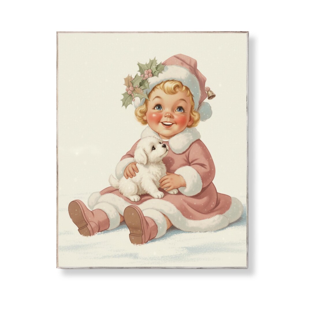 Vintage Christmas Baby Pink Santa Suit With Puppy Retro Holiday Nursery ...