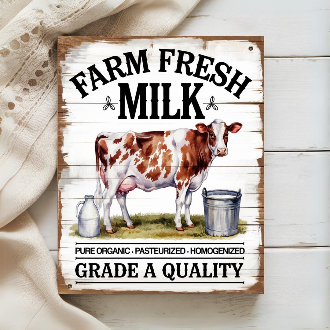 Farm Fresh Milk Sign Rustic Vintage Wall Art Cow Pasture Kitchen Decor ...