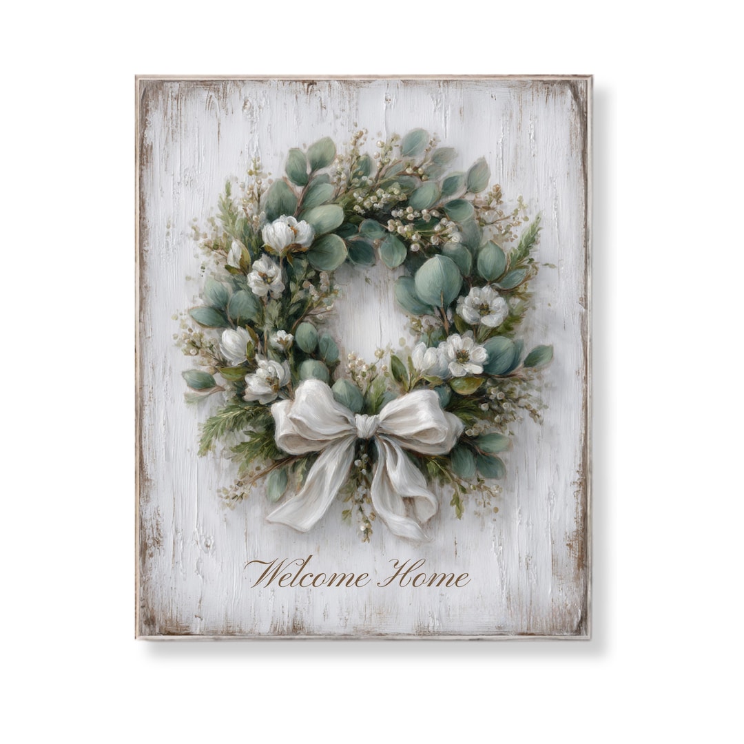 Shabby Chic Welcome Home Wall Art Greenery Wreath Floral Painting ...