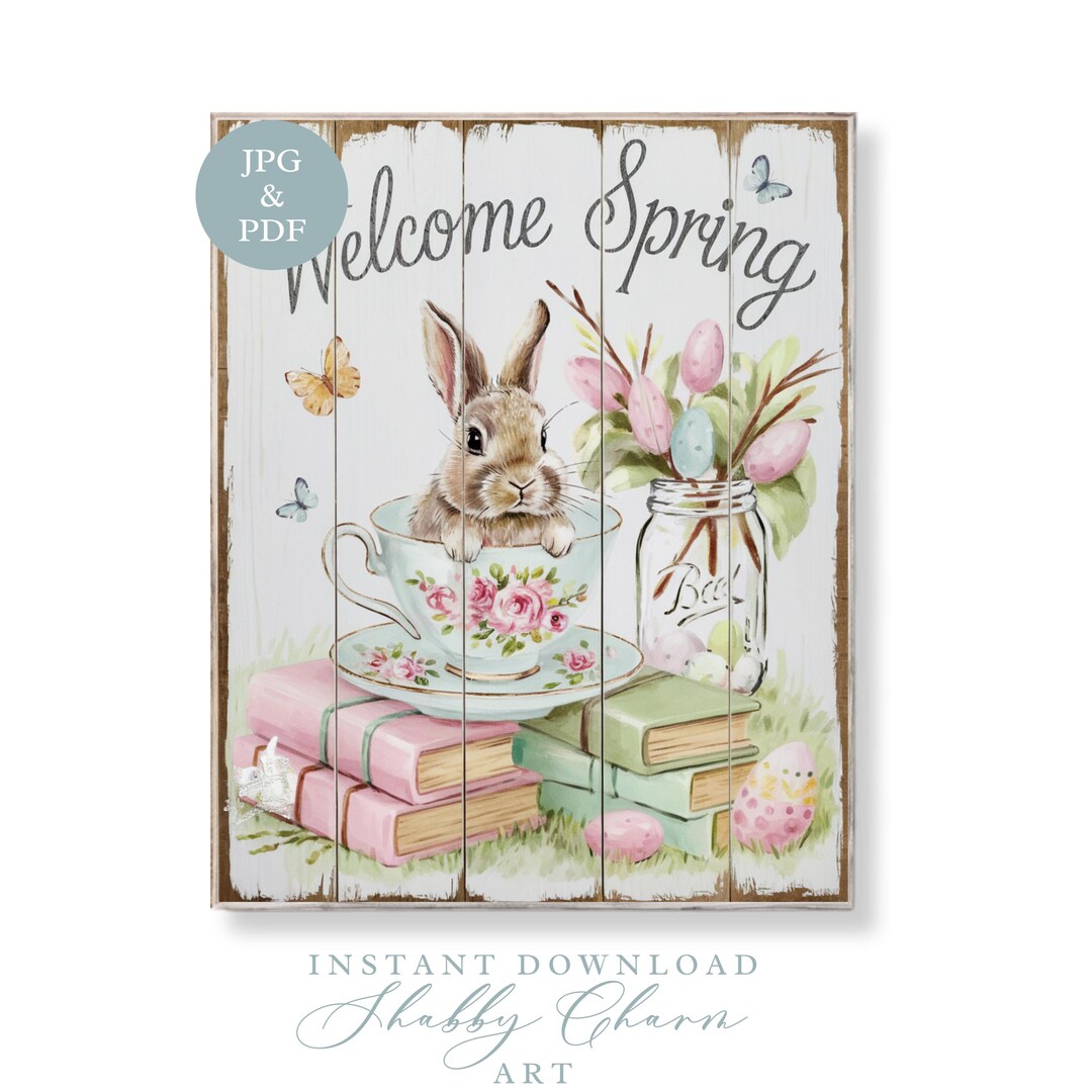 Welcome Spring Bunny Teacup Sign, Vintage Easter Rabbit Wall Art ...