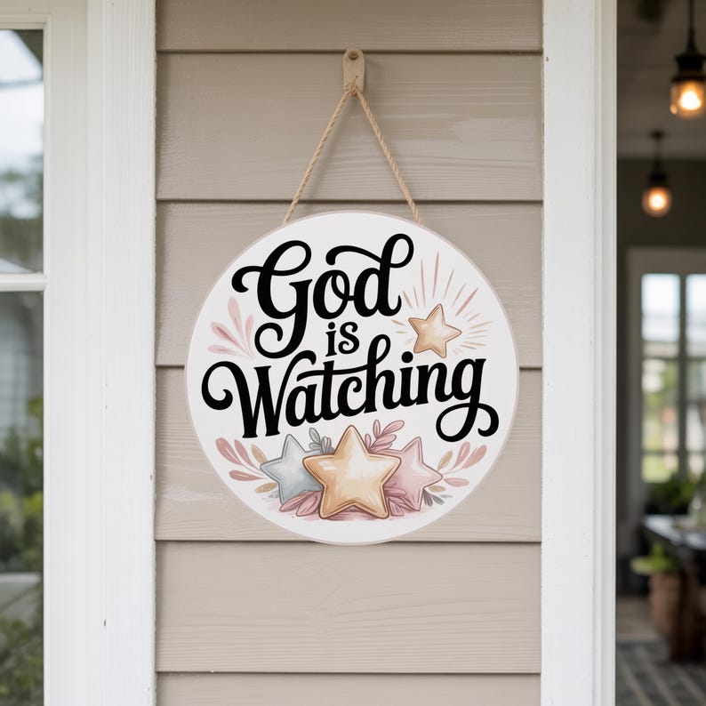 Christian Wreath Sign God is Watching Round PNG Faith Humor Door Hanger ...