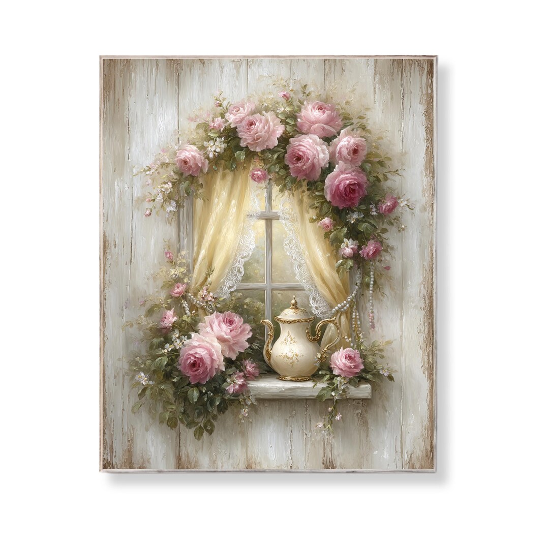 Shabby Chic Window Wall Art Pink Rose Floral Teapot Decor Vintage ...