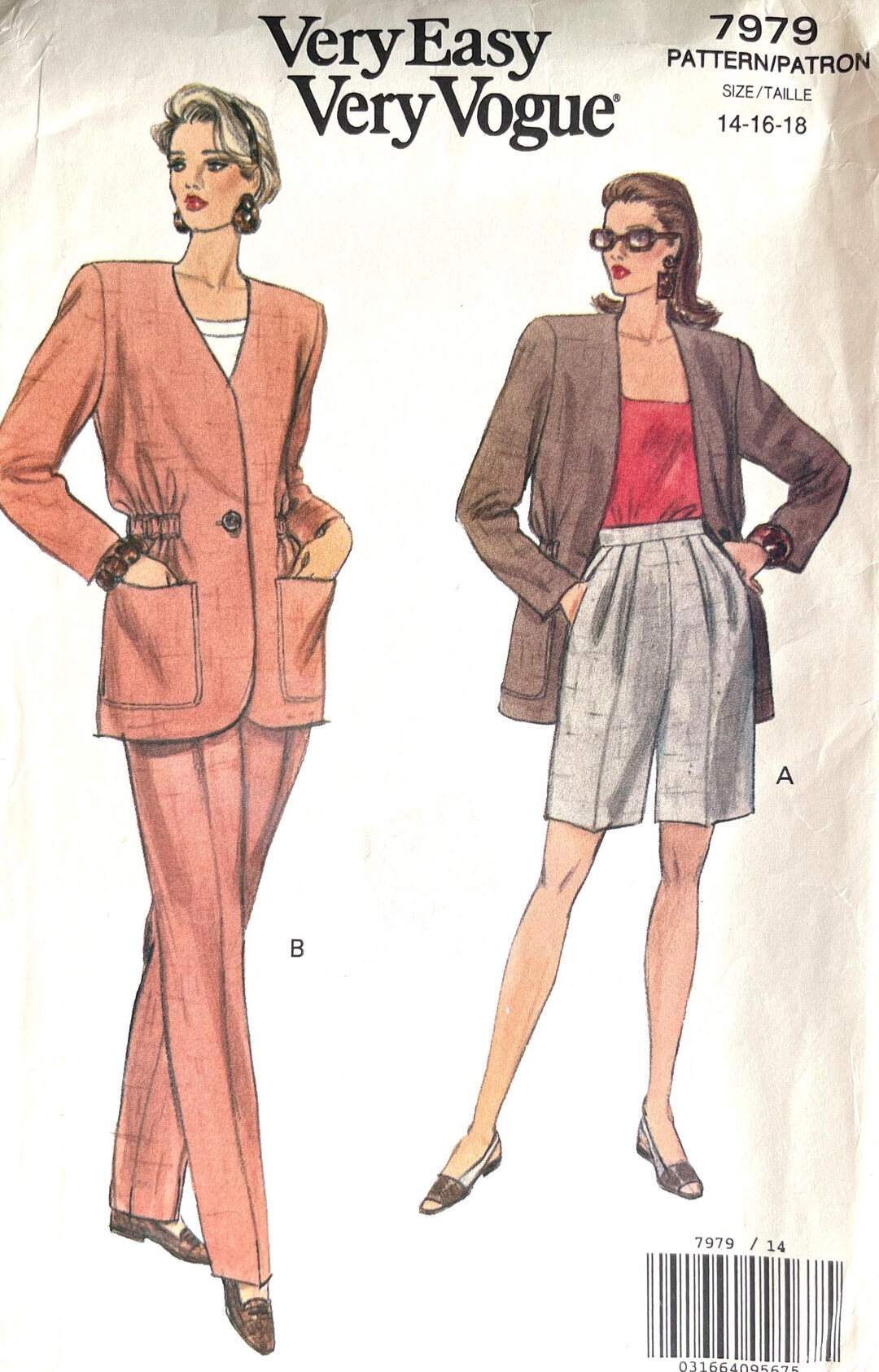 1991 Vogue 7979 Sewing Pattern: Misses' Jacket, Pants & Shorts (size 14 ...
