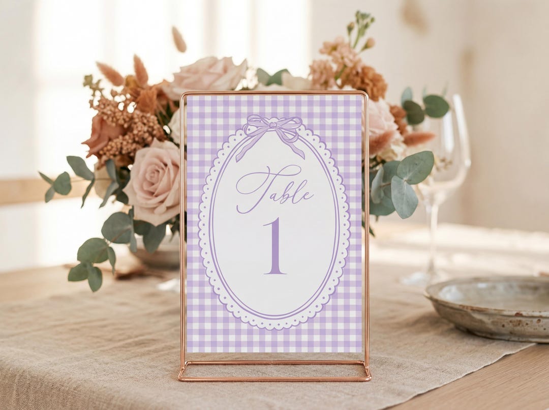 Purple Gingham Table Number Cards Printed, Coquette Bow Party Table ...