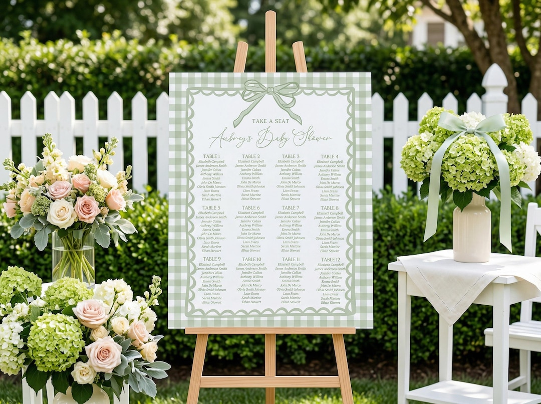 Green Gingham Wedding Seating Chart Poster Foam Board, Coquette Bow ...