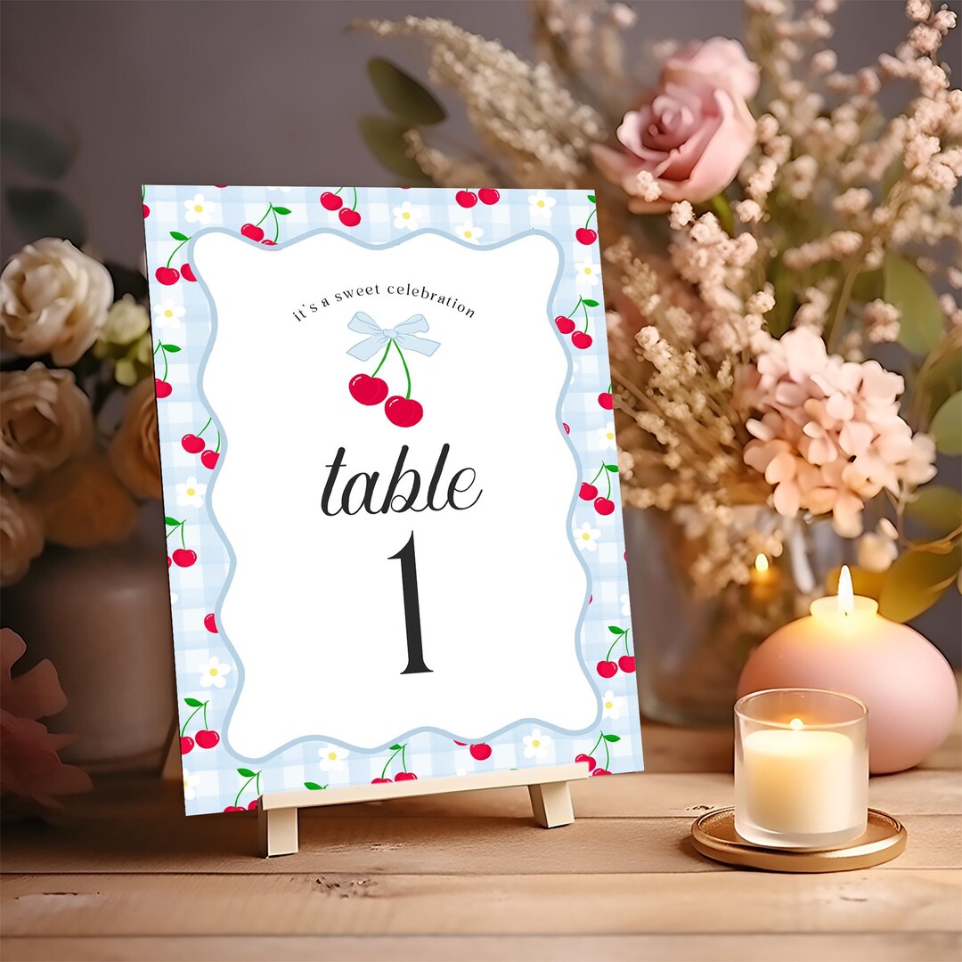 Blue Cherry Gingham Table Numbers, Printed & Shipped, Red Cherry Party ...