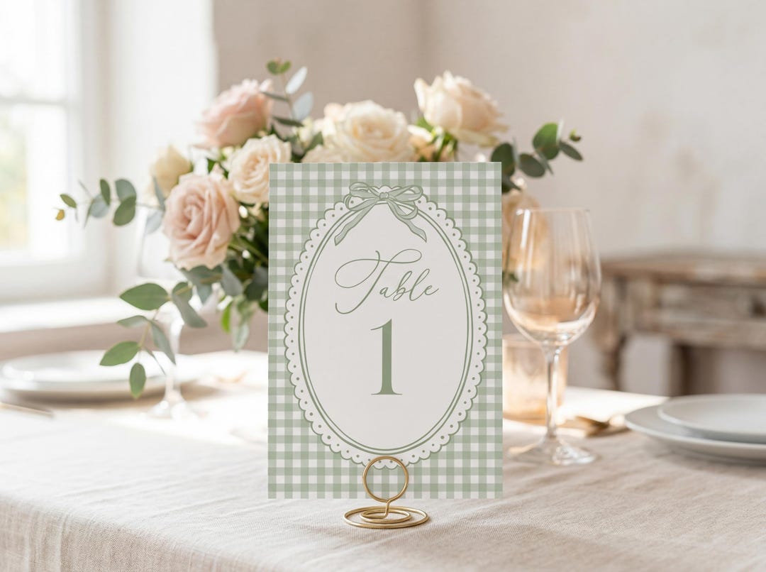 Green Gingham Table Number Cards Printed, Coquette Bow Party Table ...