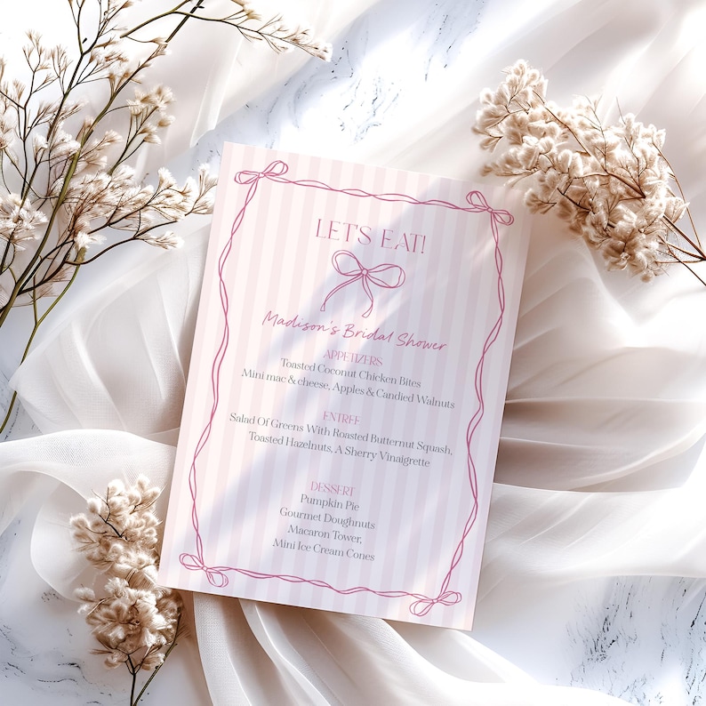 Pink Coquette Bow Ribbon Party Menu, Printed & Shipped, Coquette Bow ...