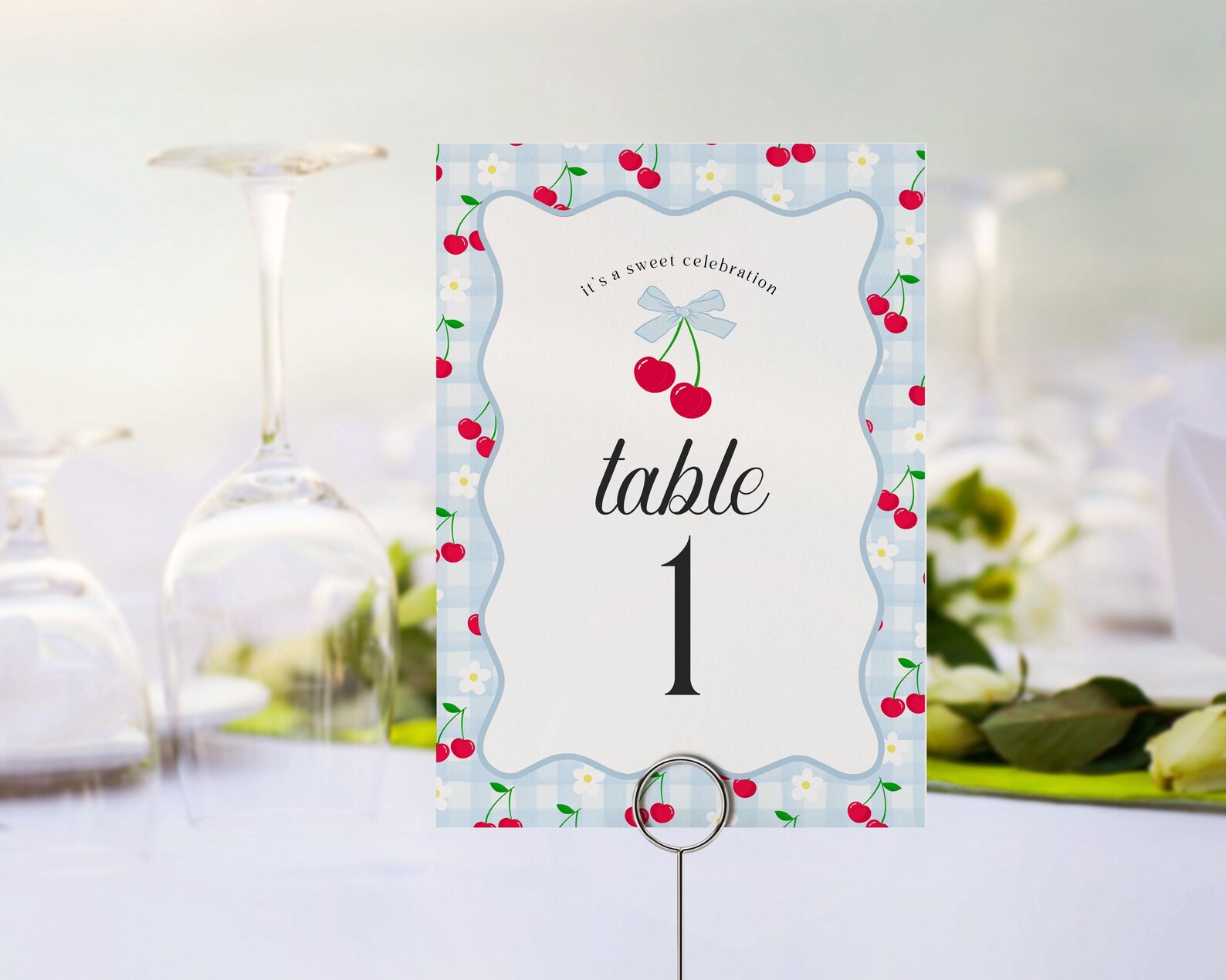 Blue Cherry Gingham Table Numbers, Printed & Shipped, Red Cherry Party ...