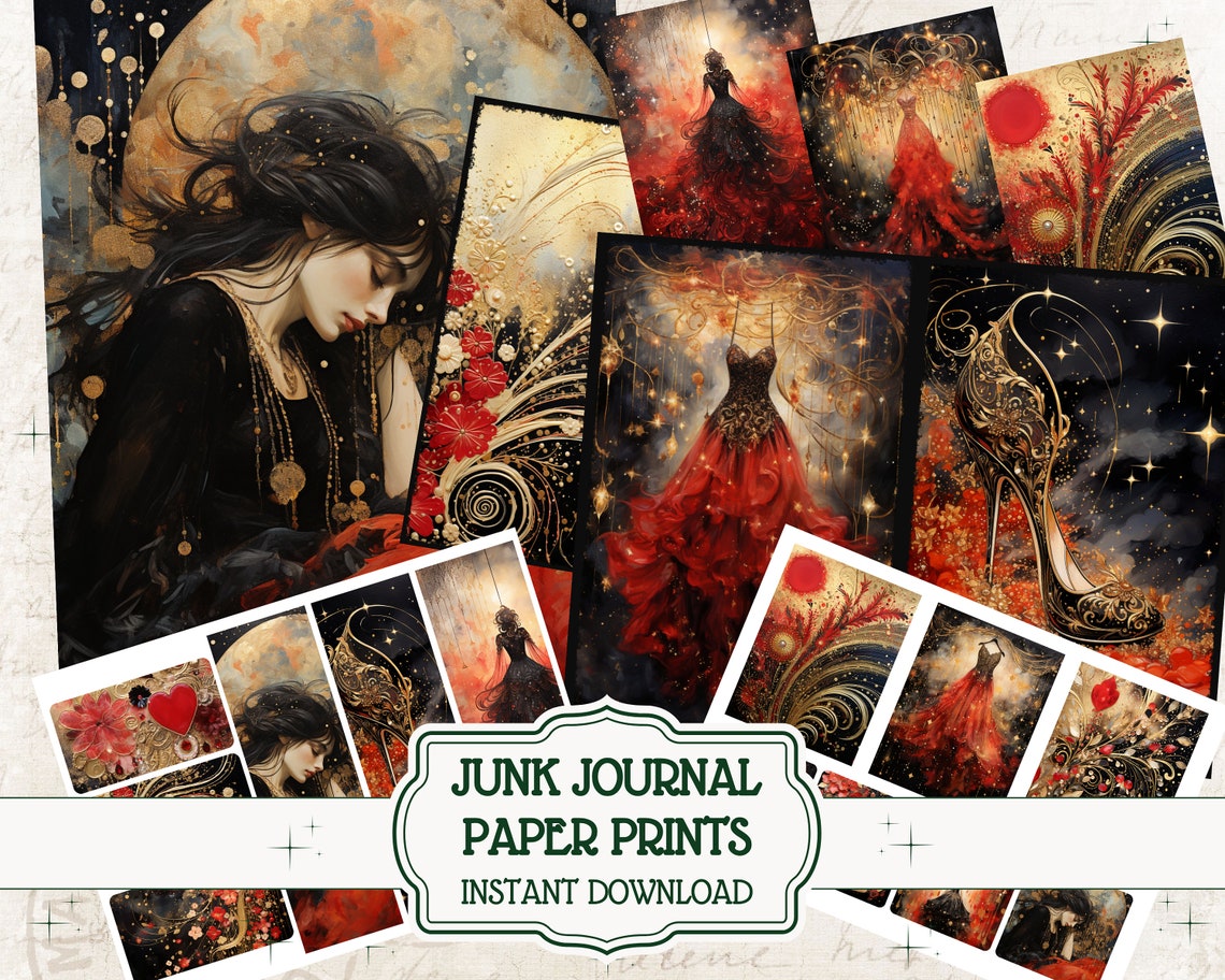 Junk Journal Red Black Bundle Printable Crafting Kit Mixed Media Folio ...
