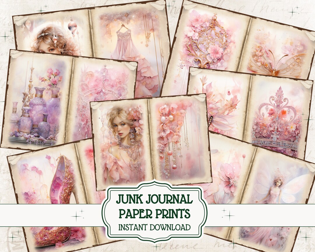 Pink Junk Journal Paper Watercolor Big Bundle Mixed Media Pink Vintage ...