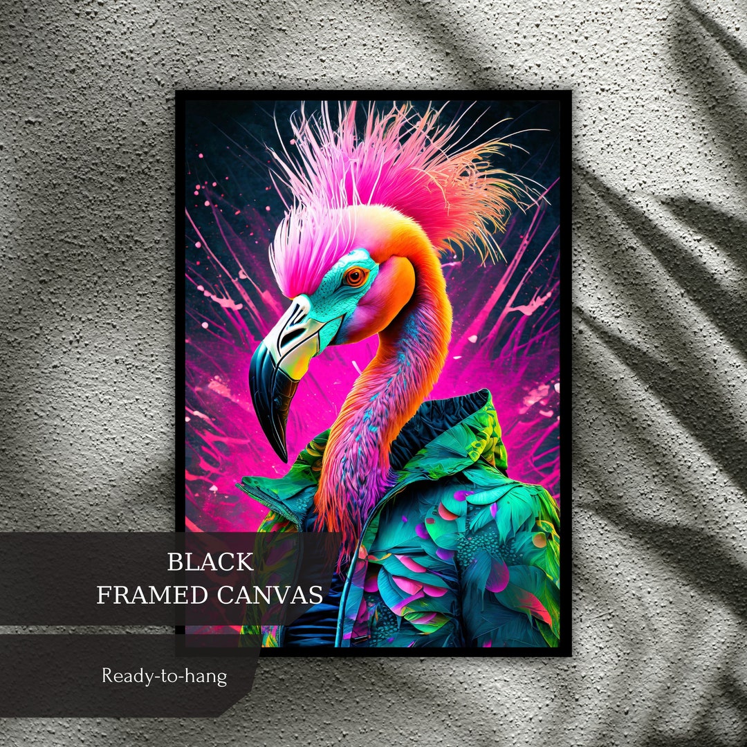 Punk Rock Flamingo Vibrant Mohawk and Neon Feathers, Edgy Avian Canvas ...