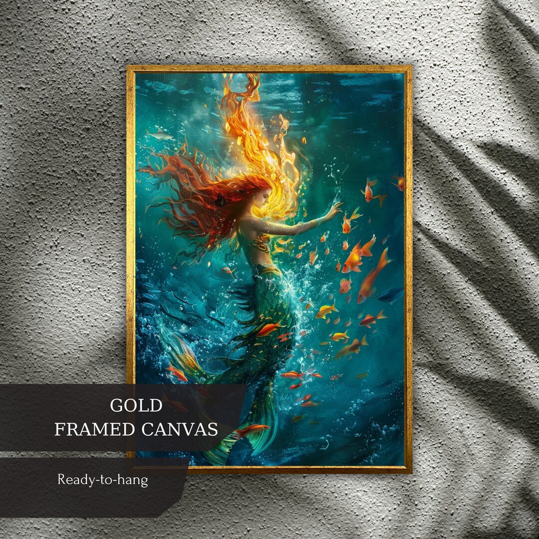 Mystical Fiery Mermaid Canvas Print Enchanting Ocean Art, Elegant Wall ...