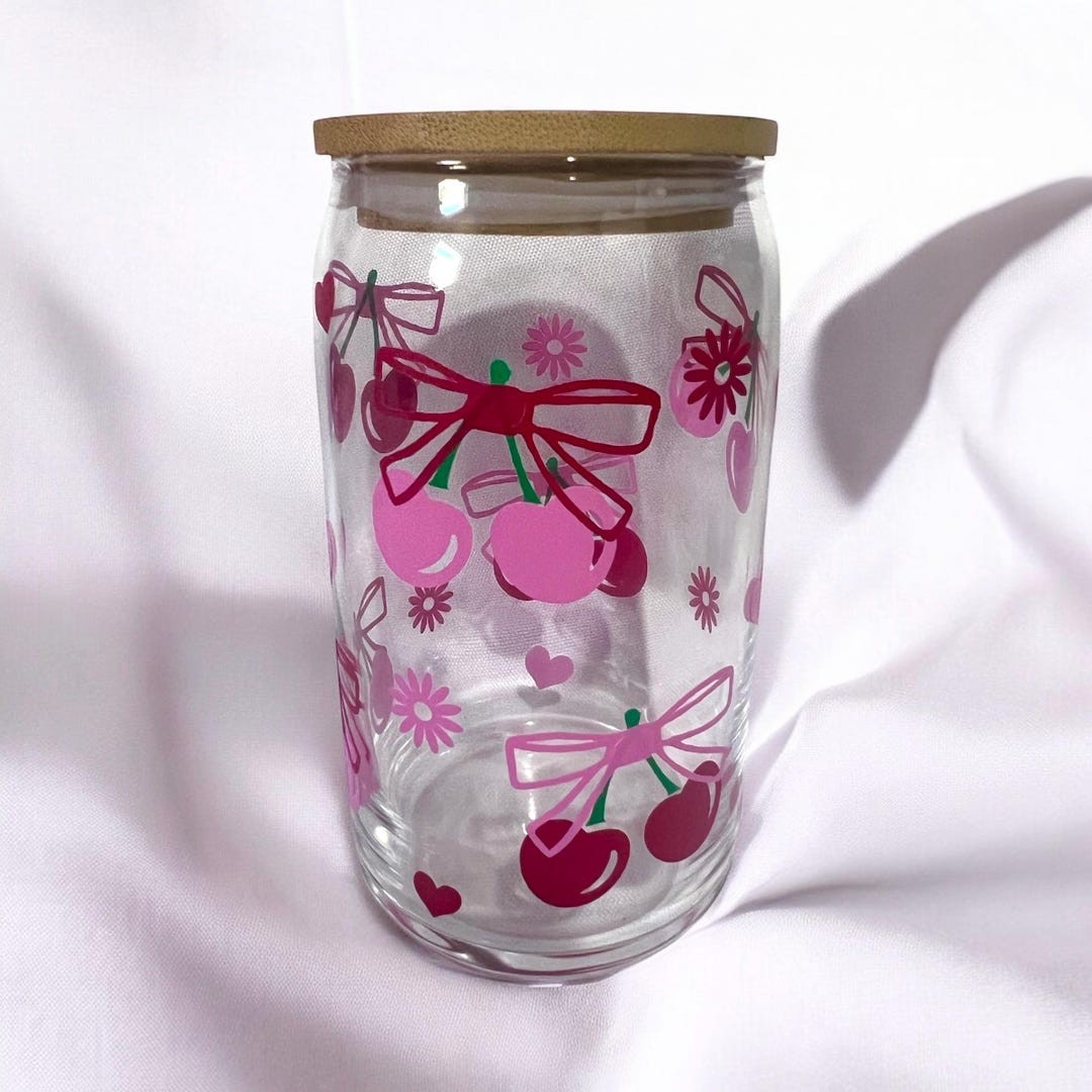 Cherry Inspired Iced Coffee Cup Glass Pink Cherry Tumbler Coffee Lover ...