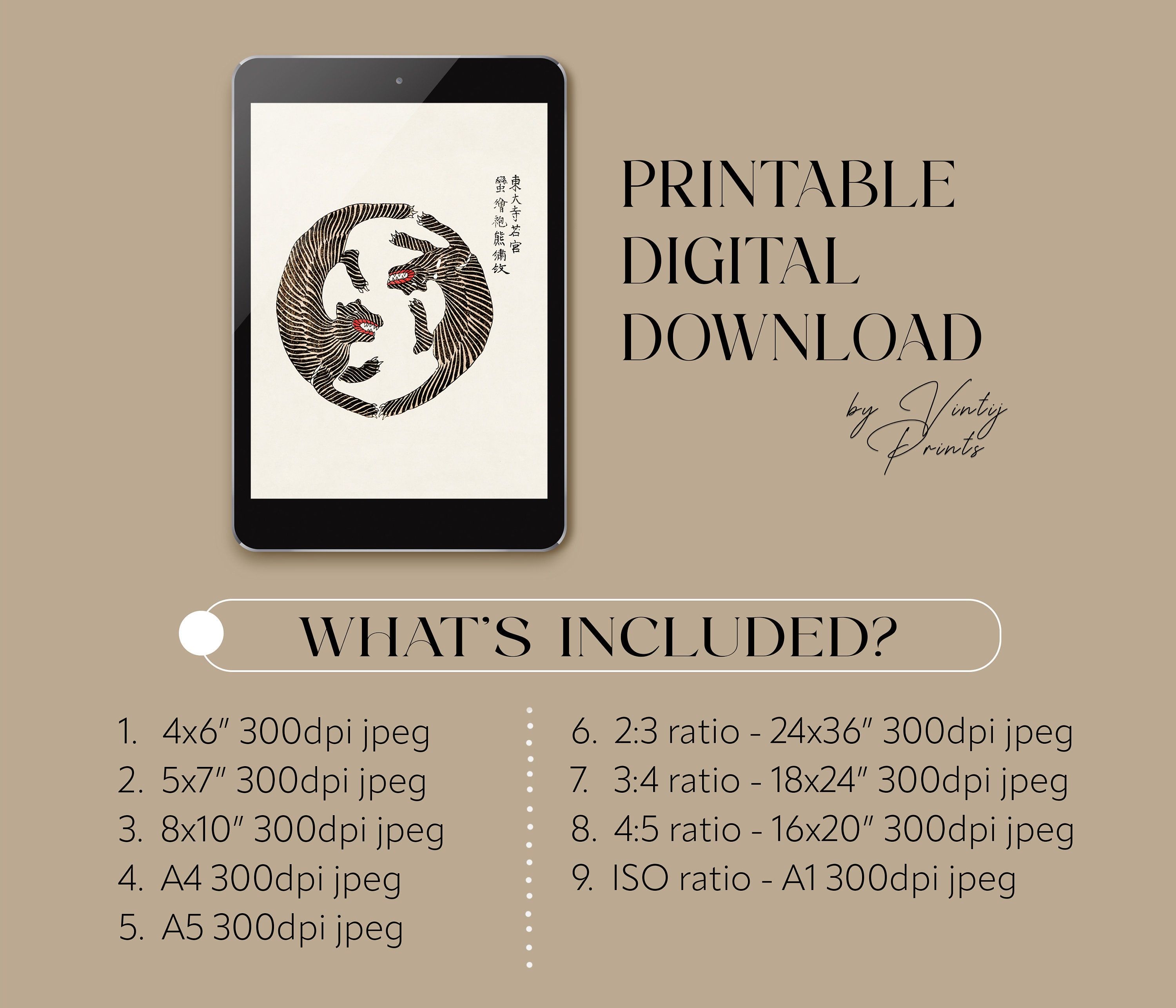 DIGITAL DOWNLOAD Japanese Tigers Antique Woodblock Print Two Tigers in ...