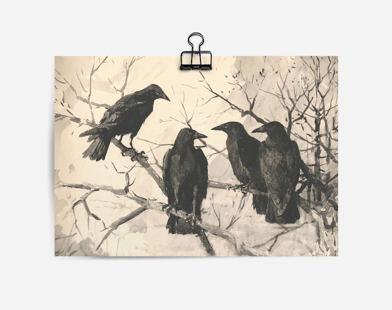 DIGITAL DOWNLOAD Antique Crows Painting Raven Art Print Dark Moody Wall ...