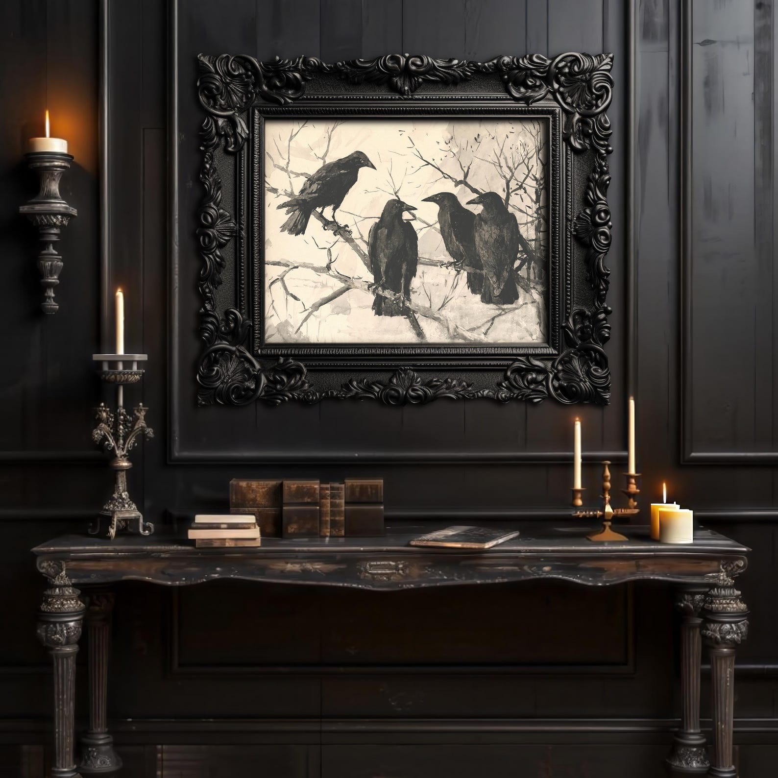DIGITAL DOWNLOAD Antique Crows Painting Raven Art Print Dark Moody Wall ...