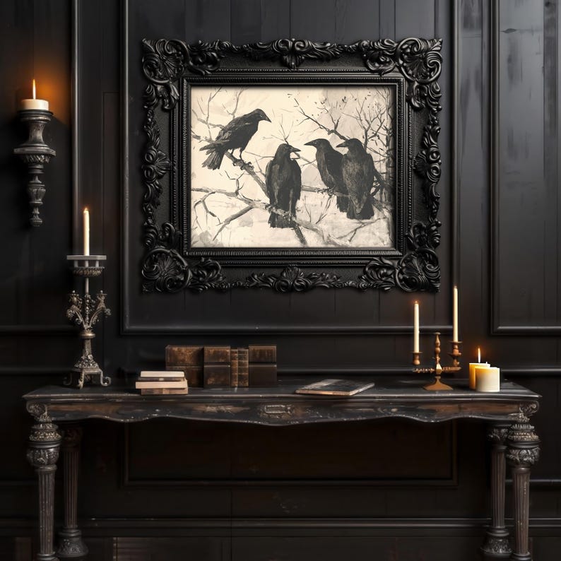 DIGITAL DOWNLOAD Antique Crows Painting Raven Art Print Dark Moody Wall ...