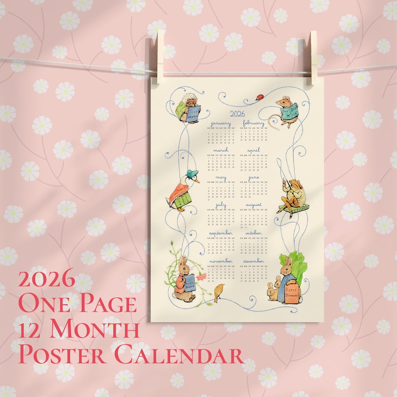 2026 Beatrix Potter Calendar Poster, Single Page 12-months, Peter ...
