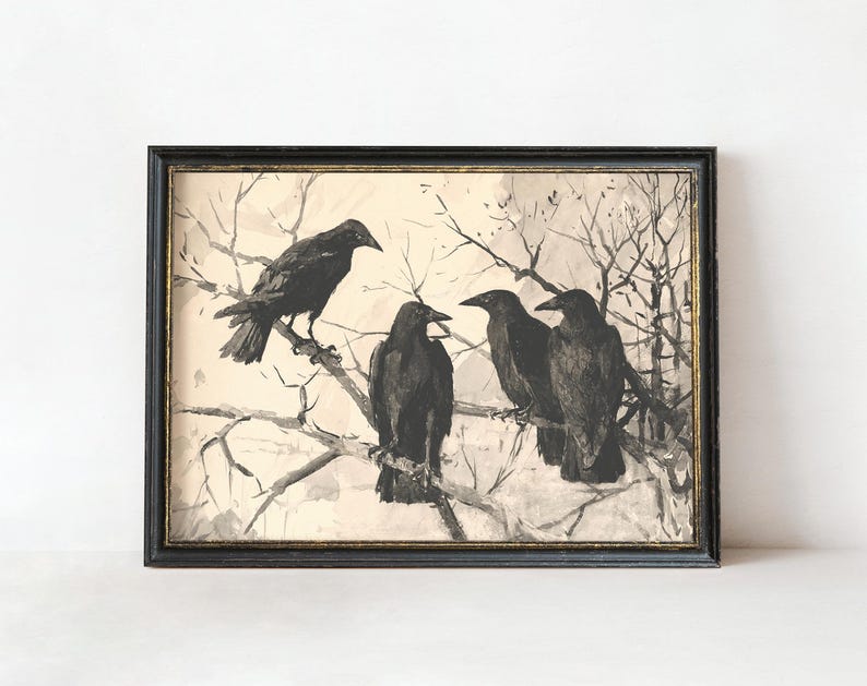 Antique Crows Painting Poster Print, Raven Art, Vintage Black Bird ...