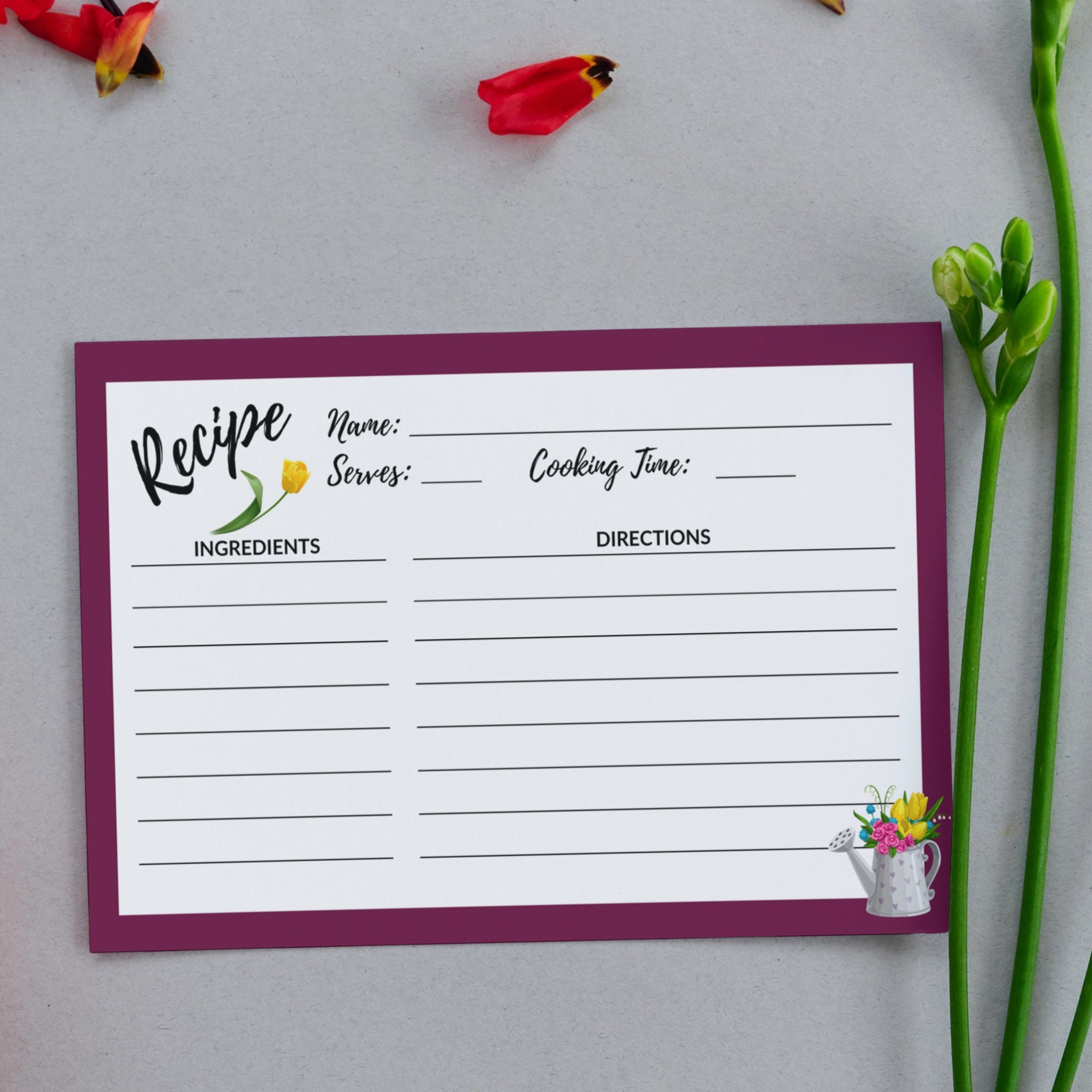 Spring Flowers Recipe Card, Bridal Shower Insert, 4x6 Printable, Tulips ...