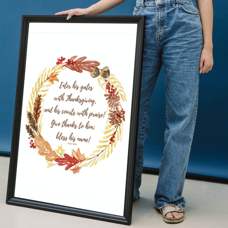 Psalm 100:4 Bible Verse Printable, PNG, Fall Wreath, Autumn Colors ...